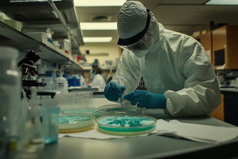 Scientist in Protective Suit Carefully Extracts Samples from Petri Dish ...