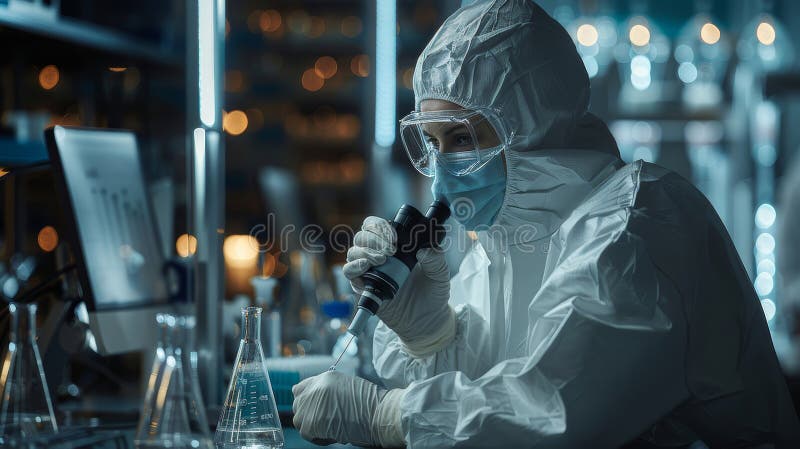 Scientist in Protective Suit Conducting Research in High-Tech Lab ...
