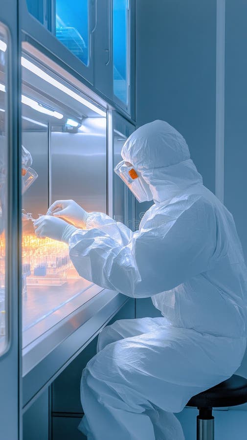 Scientist in Protective Suit Conducting Research in Laboratory, Focused ...