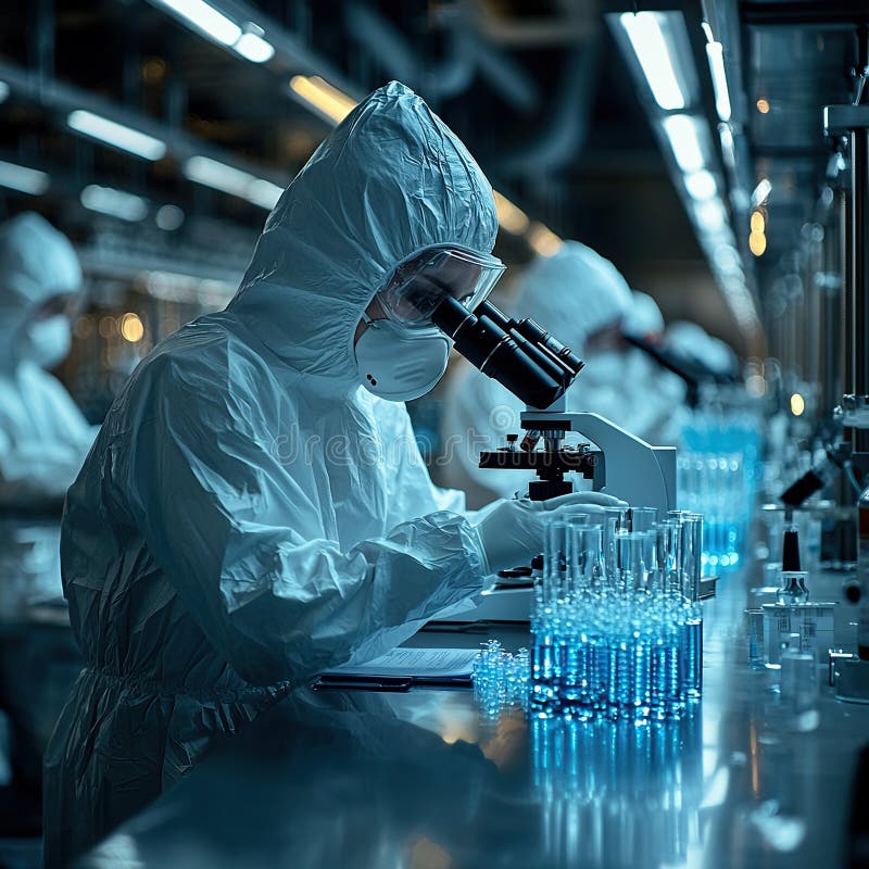Scientist Protective Suit Examines Samples Under Microscope Laboratory ...