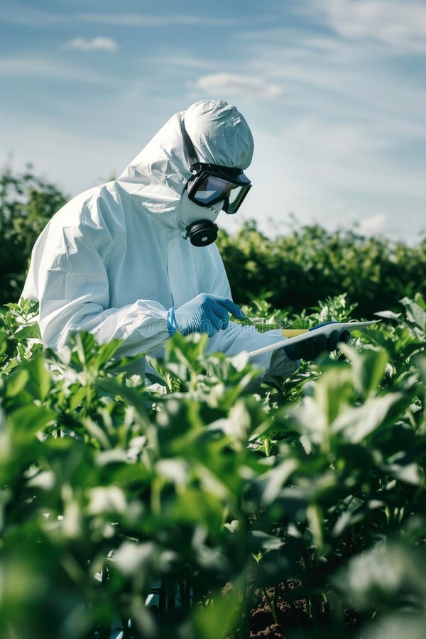 Scientist in Protective Suit Examining Plants in a Lush Field Under a Cloudy Sky. Stock Image ...