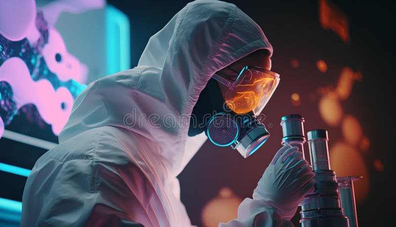 Scientist in Protective Suit and Gas Mask Using Microscope. 3D ...