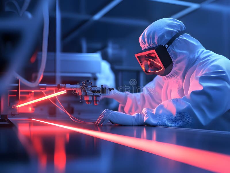 A Technician in a Clean Room Environment, Carefully Calibrating a Laser ...