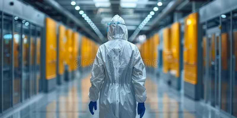 Scientist in a Protective Suit Walking through a Modern Laboratory ...
