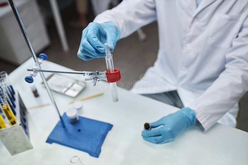 Scientist Putting Liquid in Test Tube Doing Experiments in Laboratory ...