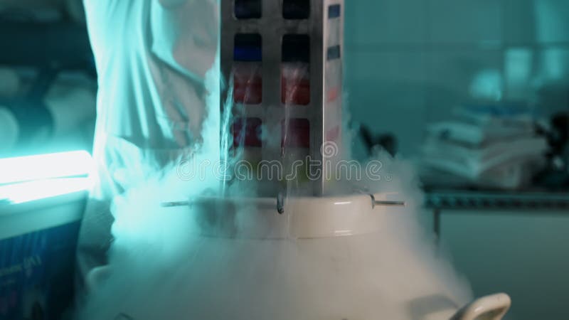 Scientist Removes a Container from a Liquid Nitrogen Storage Facility ...
