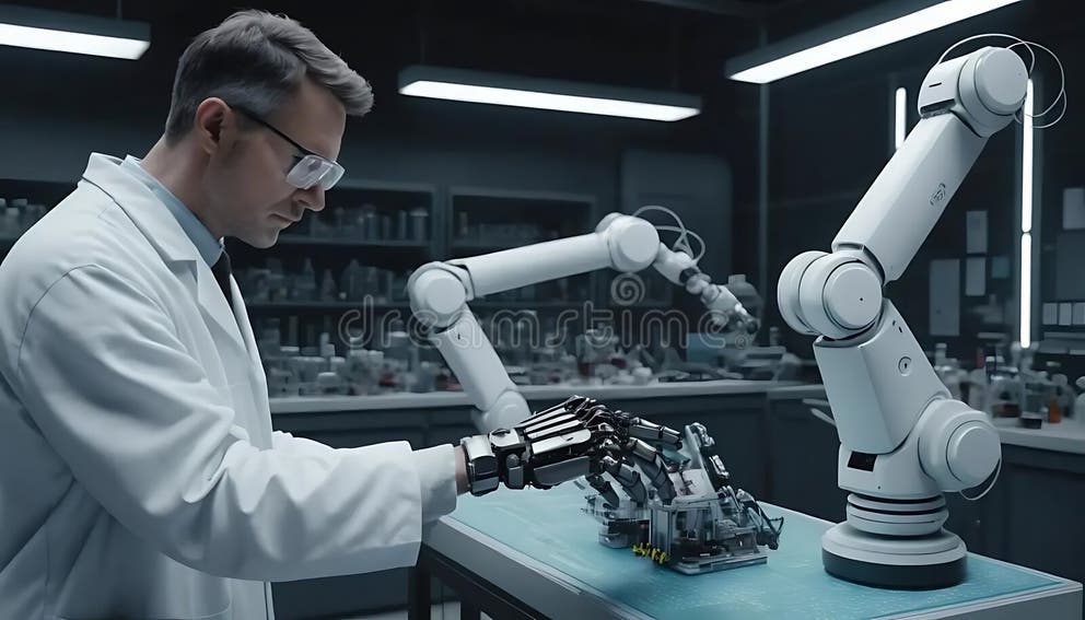 Scientist with Robotic Arm Analyzing Device in Modern Laboratory ...