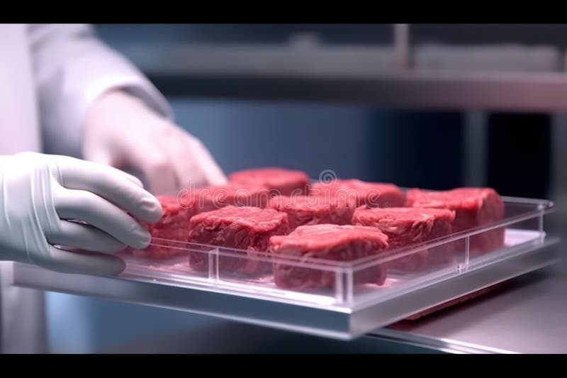 Scientist in Rubber Gloves Taking Artificial Lab-grown Meat Lying on ...