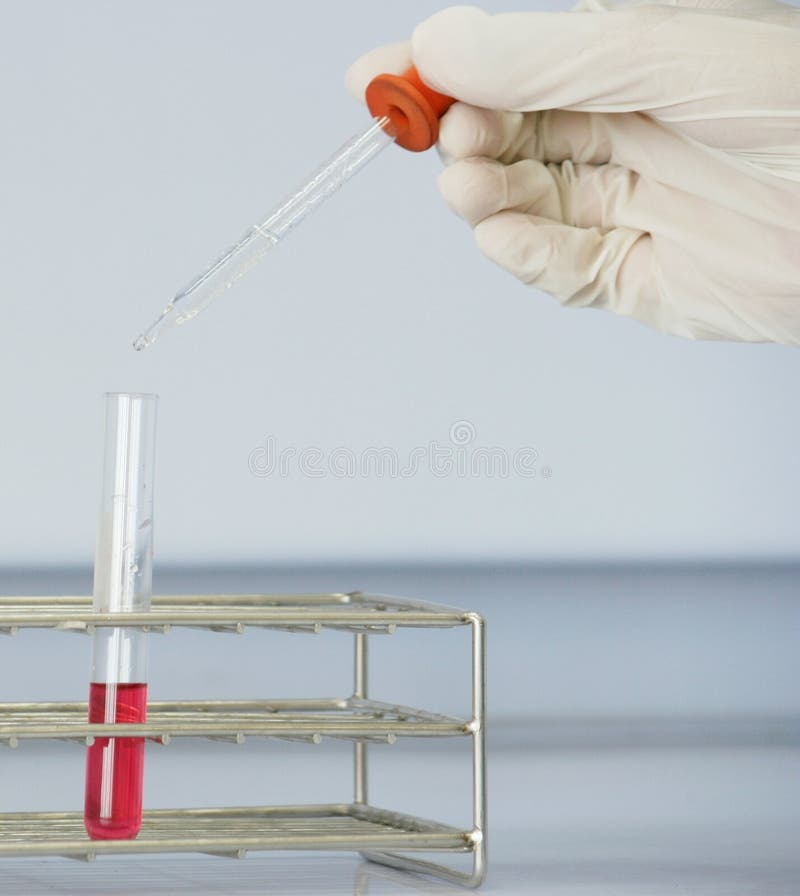 Scientist`s Hand Dropping the Reagent into the Red Solution in a Test ...