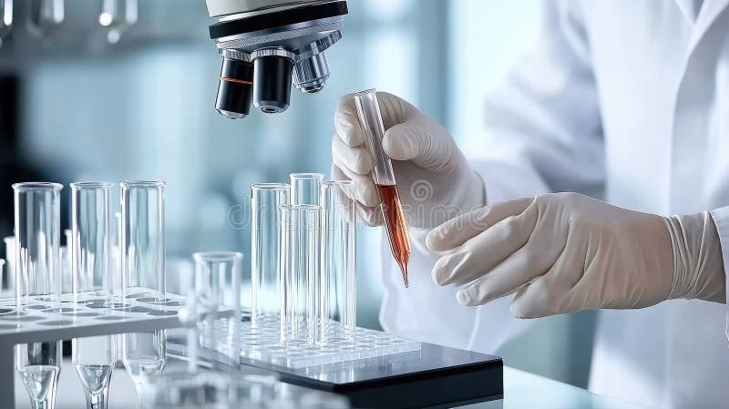 Scientist's Hands Hold Test Tube Red Liquid Working Lab Microscope ...