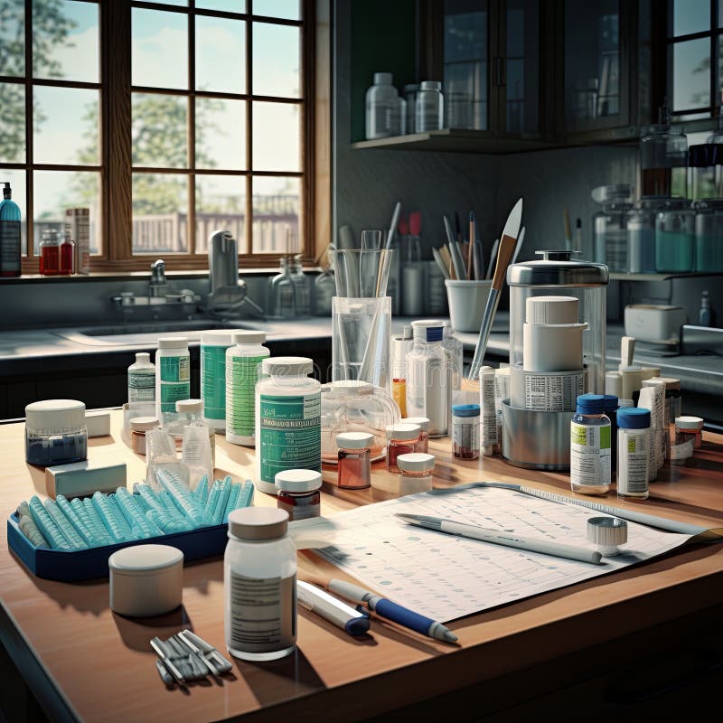 Scientist S Workstation with Various Equipment and an Open Reference ...