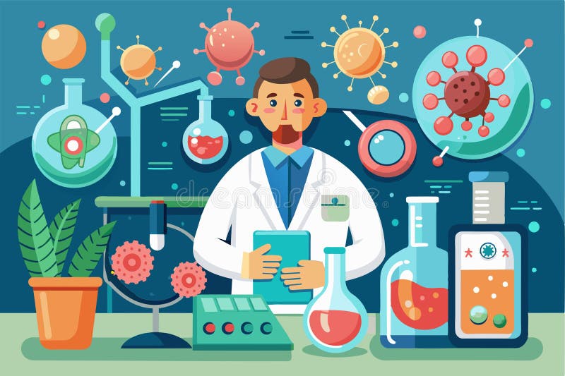 A Scientist Stands in a Vibrant Laboratory Surrounded by Various ...