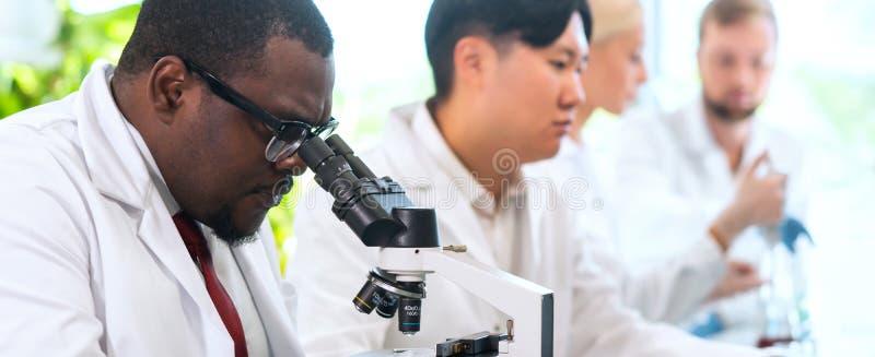 Scientist and Students Working in Lab. Doctor Teaching Interns To Make ...