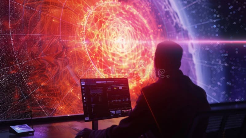 A Scientist Studies a Computer Display Analyzing Data from a Telescopes ...
