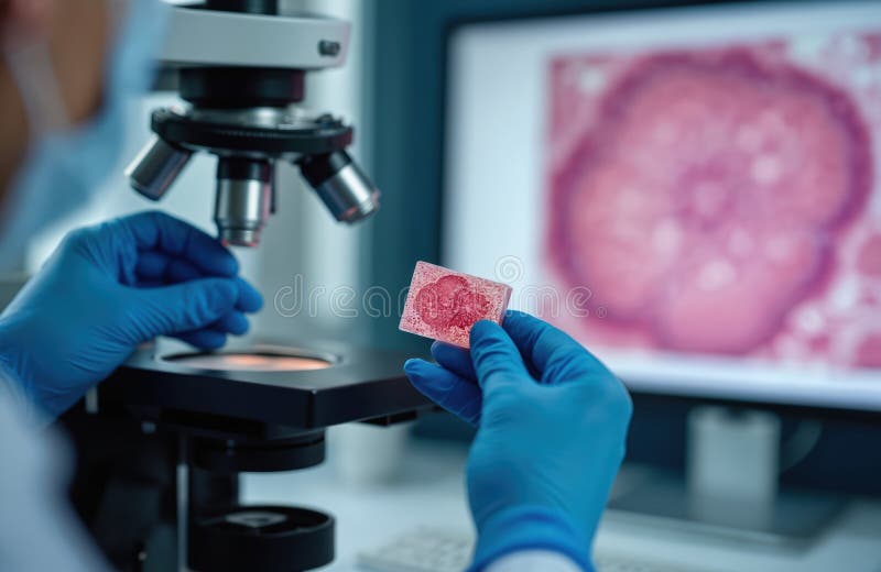 Scientist Studies Human Tissue Sample, Using Microscope, Computer with ...