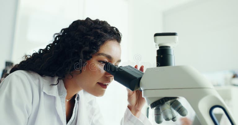 Scientist, Study and Woman with Microscope in Lab for Clinical Trial ...