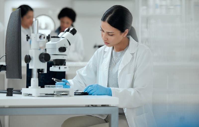Scientist, Study and Woman with Microscope in Lab for Medical ...