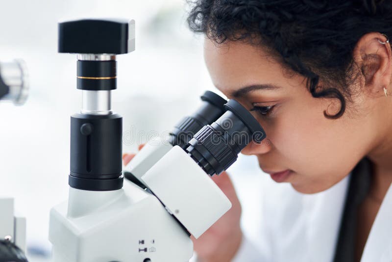 Scientist, Study and Woman with Microscope in Lab for Medical Pathogen ...