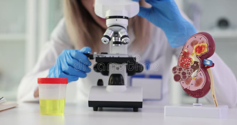 Scientist Studying Kidney Model and Urine Sample in Laboratory Stock ...