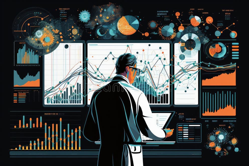 Scientist Surrounded By Data Mining Visualization Tools And Graphs Analyzing Large Set Of Data