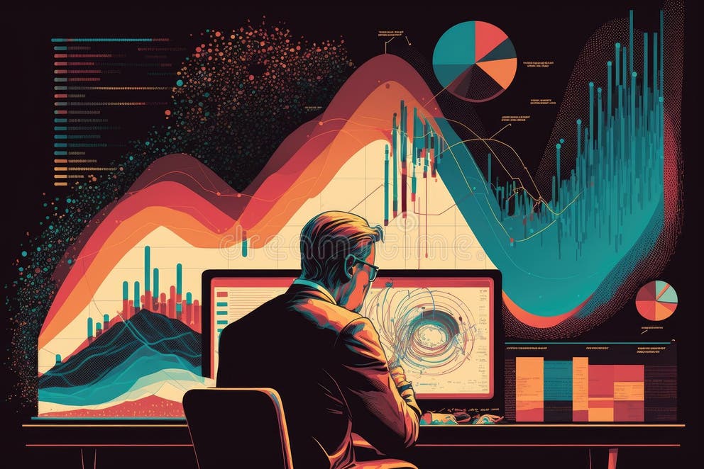 Scientist, Surrounded by Data Mining Visualization Tools and Graphs, Analyzing Large Set of Data ...