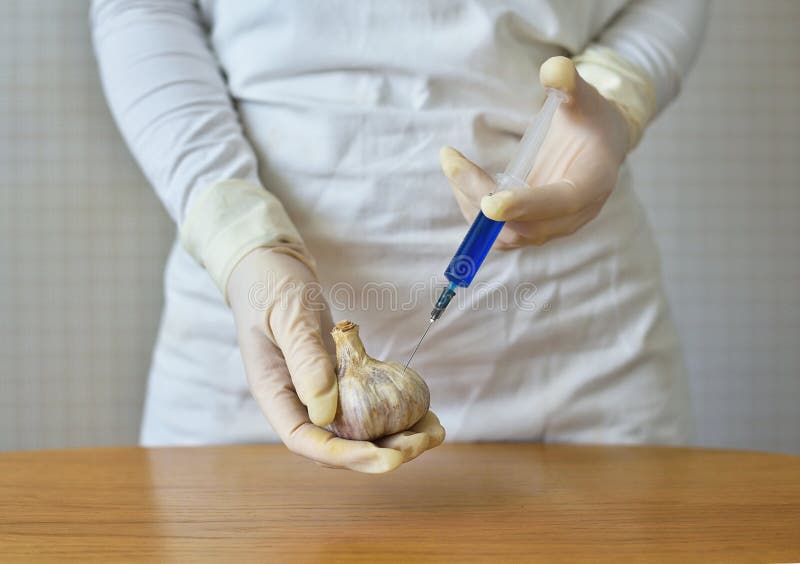 Scientist with Syringe and Garlic Stock Photo - Image of hand, hormone ...