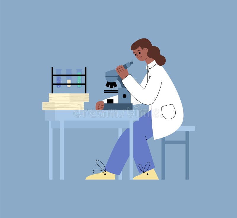 Scientist at Table Looks through Microscope, Flat Vector Illustration ...