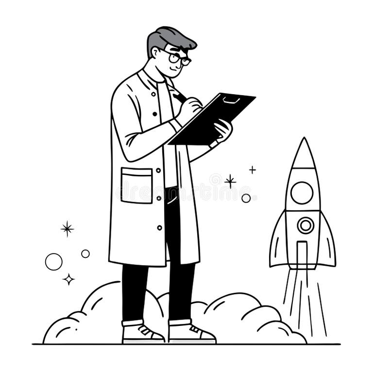 Scientist Taking Notes with Rocket Launching in Background for ...