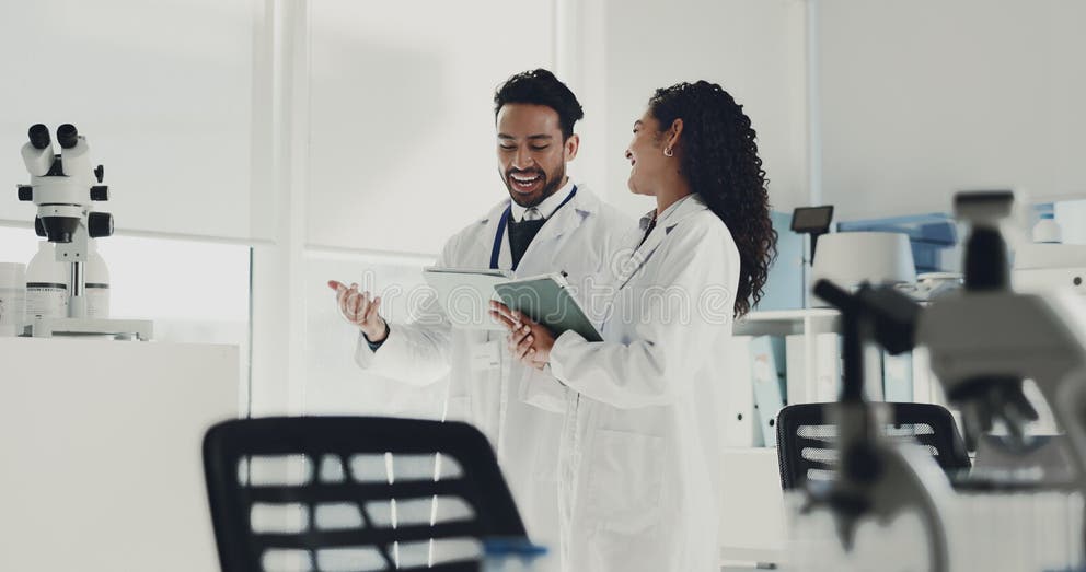 Scientist, Team and Talk with Tablet for Research, Experiment Results ...