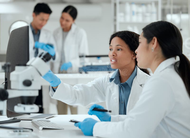 Scientist, Team and Women with Microscope in Lab for Medical Experiment ...