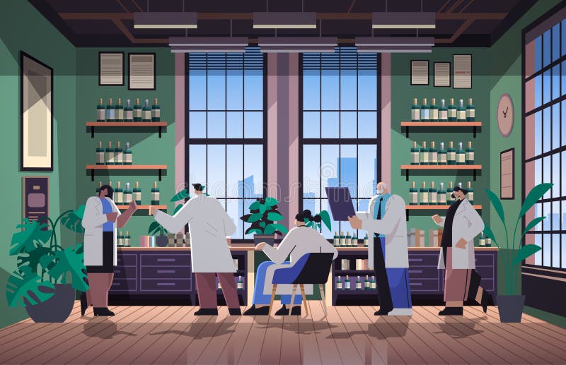 Scientist Team Working Together Researchers in Uniform Making Chemical ...