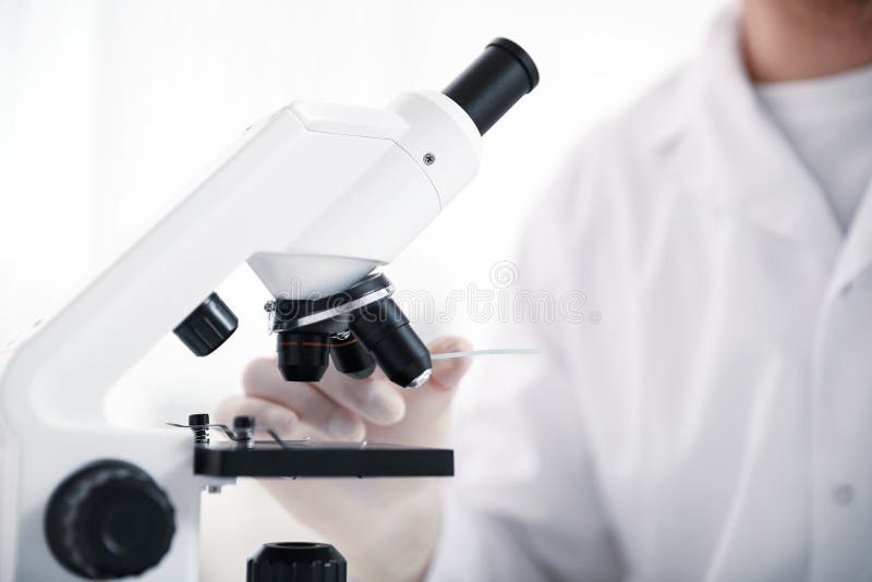 Scientist with Test Slide and Microscope in Laboratory. Medical ...