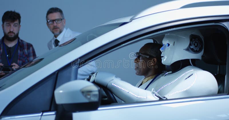 Scientist Testing Car Driving Robot Stock Photo - Image of sitting ...