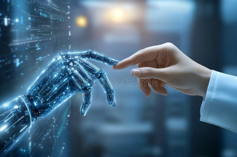 Scientist Touching Robotic Hand in Futuristic Laboratory Setting Stock ...