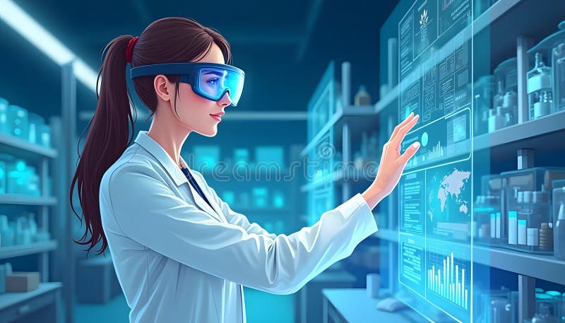 Scientist Using Ar Glasses in Modern Lab Stock Illustration ...