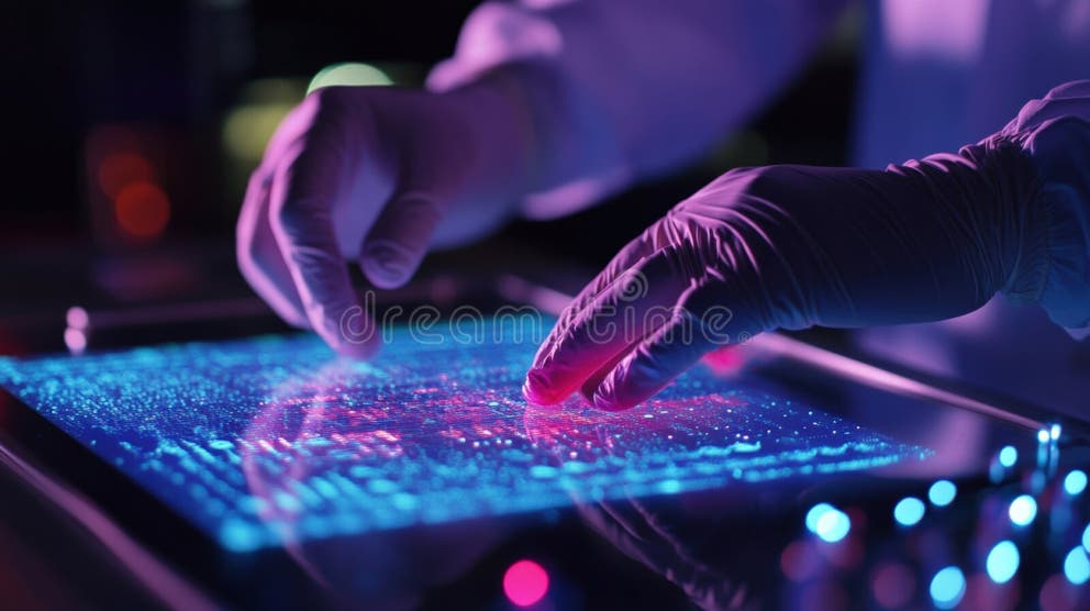 Scientist Using Futuristic Interactive Touchscreen Table Displaying ...