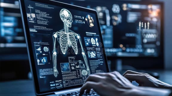 Scientist Using Laptop Analyzing Human Skeleton and Data on Multiple ...