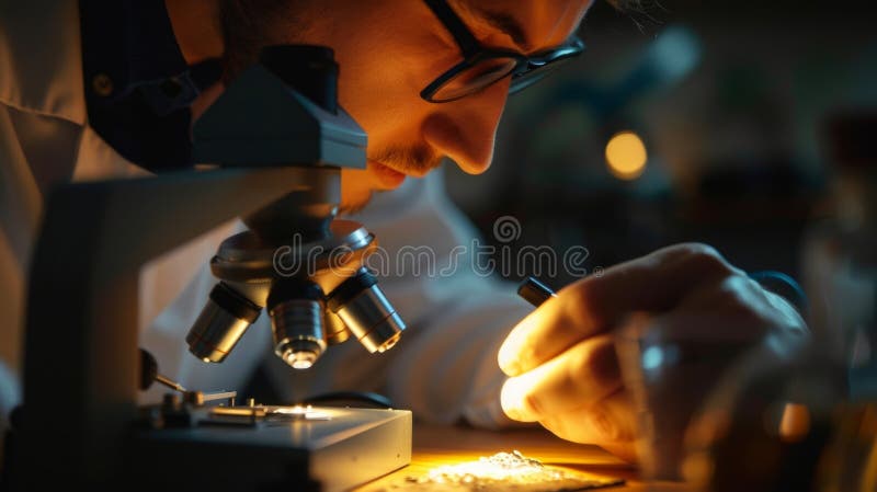 Scientist Using Microscope Analyzing Samples in Laboratory at Night ...