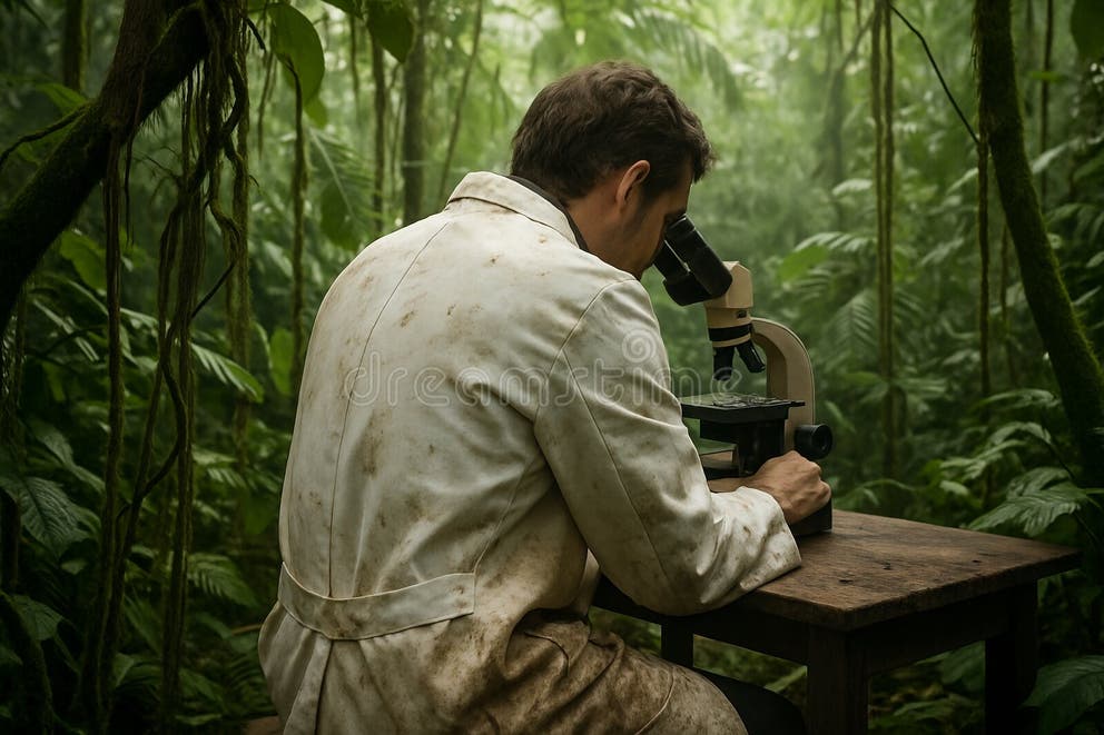 Scientist Using Microscope in Dense Jungle Environment Stock ...