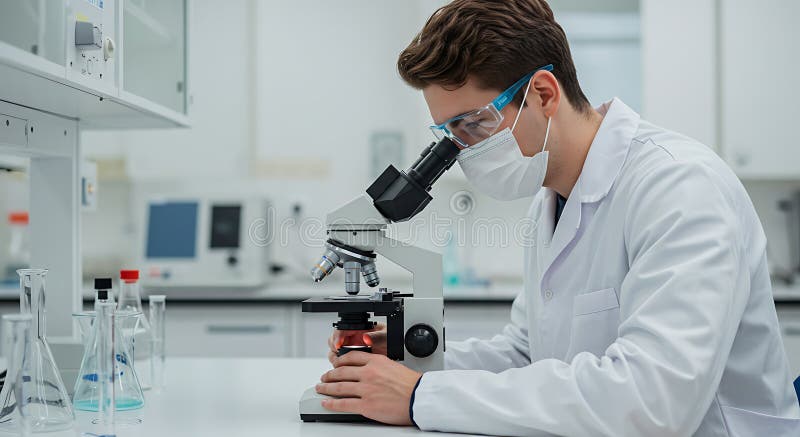 Scientist Using Microscope for Experiment in Laboratory Stock ...