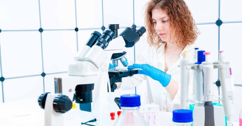 Female Scientist Adjusting Microscope Laboratory Setting Stock Photos ...