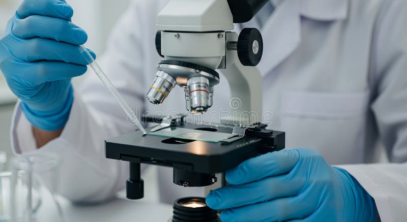 Scientist Using Microscope in Lab, Examining Sample with Pipette ...