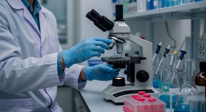 Scientist Using Microscope in a Laboratory with Blue Liquid Experiments ...