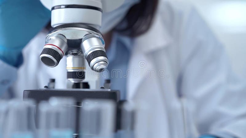 Scientist Using Microscope in Laboratory. Close-up of a Researcher S ...