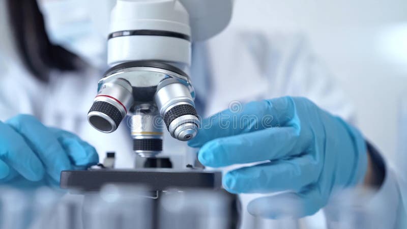Scientist Using Microscope in Laboratory. Close-up of a Researcher S ...