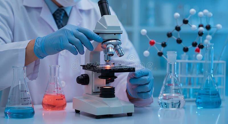 Scientist Using Microscope in Laboratory with Flasks and Molecular ...