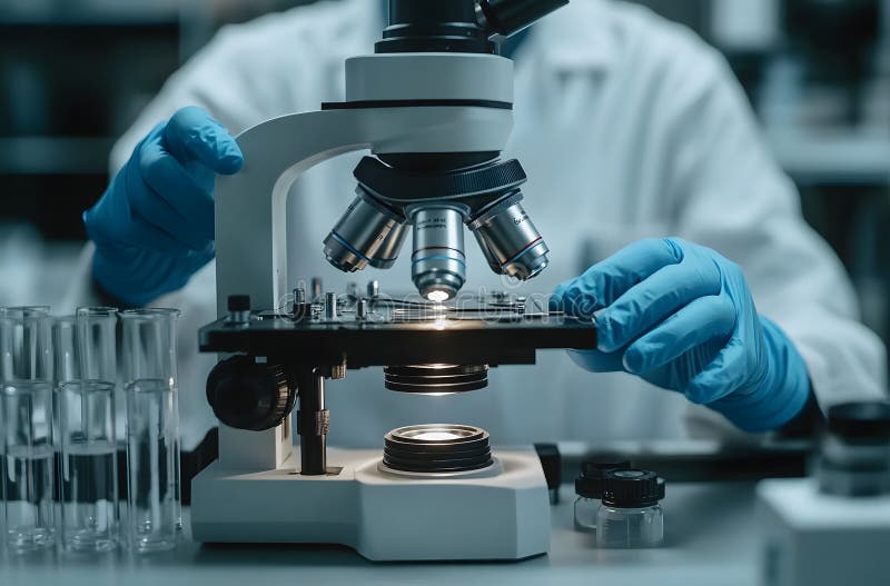 Scientist Using Microscope in Laboratory Focused Researcher Conducting ...