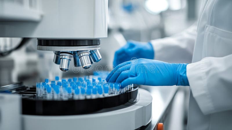 Scientist Using Microscope and Sample Tubes in Laboratory Stock ...