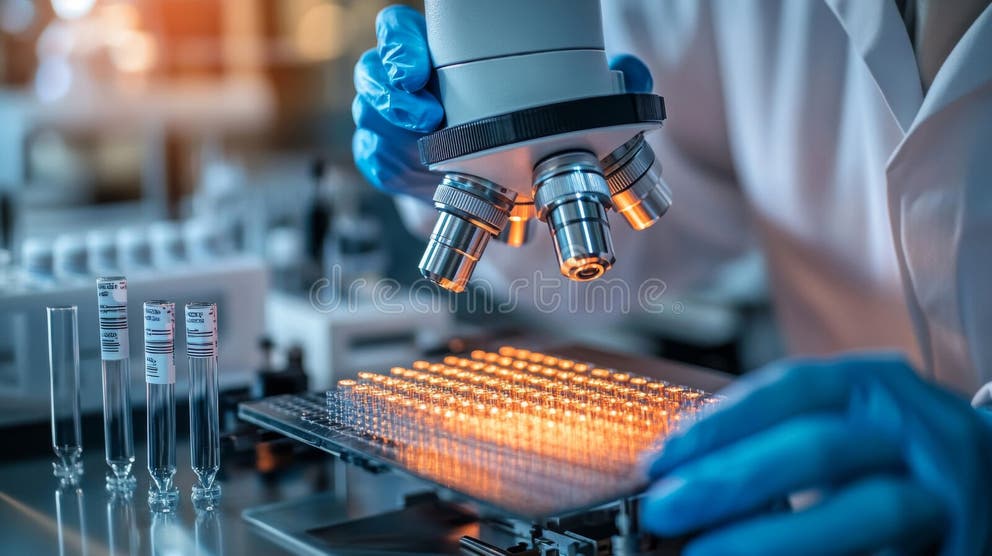 A Scientist Using a Microscope To Examine a Grid of Vials in a ...
