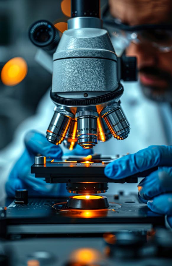 Scientist is Using Microscope To Examine Sample. Stock Photo - Image of ...
